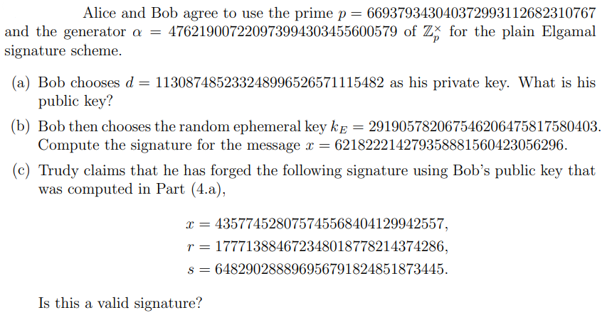 Solved Alice and Bob agree to use the prime | Chegg.com