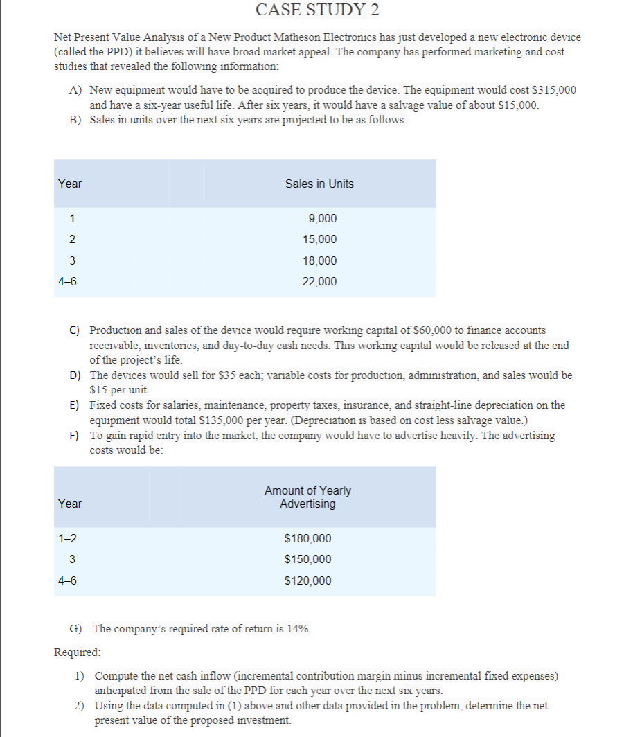 Solved Net Present Value Analysis of a New Product Matheson | Chegg.com