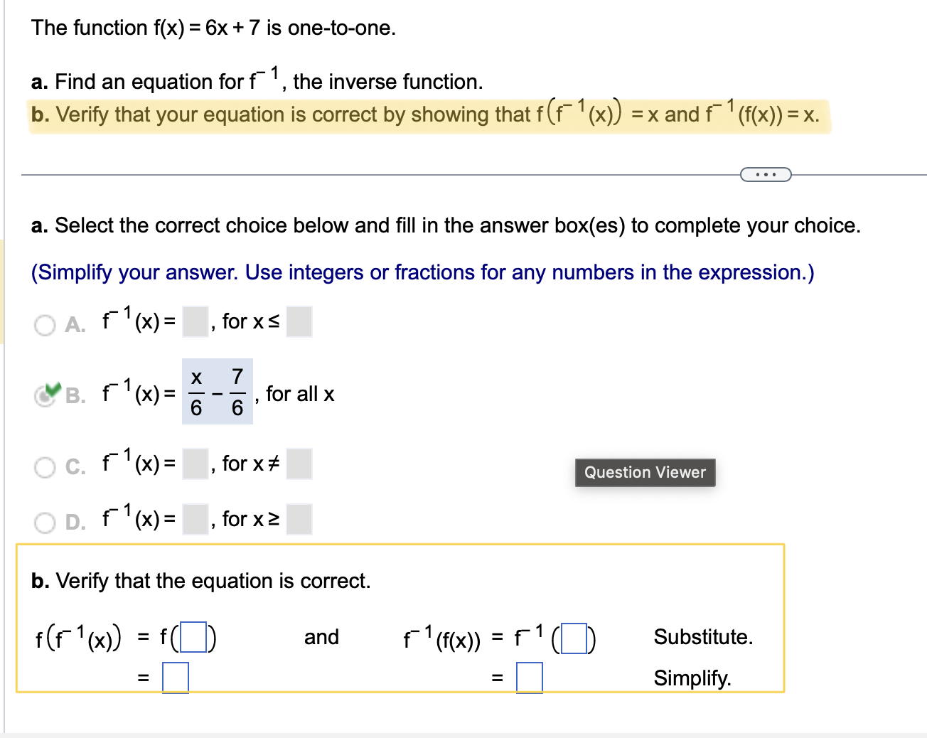 Solved The function f(x)=6x+7 ﻿is one-to-one.b. ﻿Verify that | Chegg.com