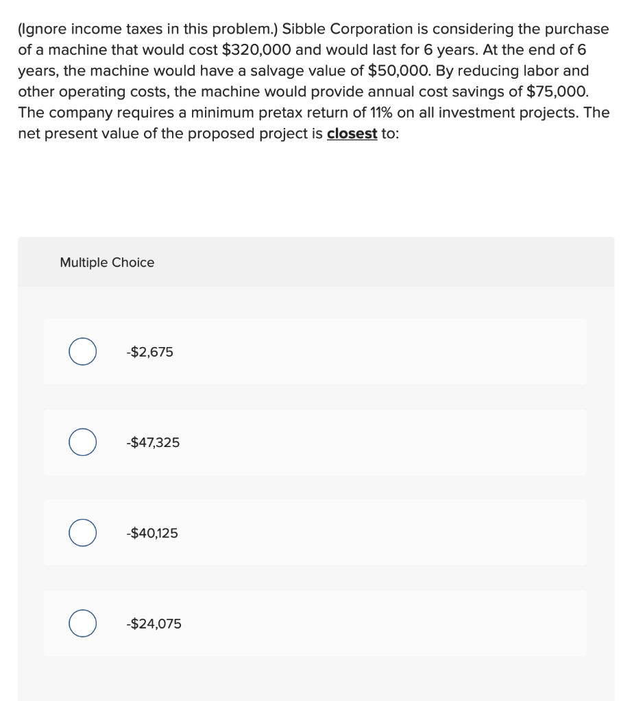 Solved (Ignore income taxes in this problem.) Sibble | Chegg.com