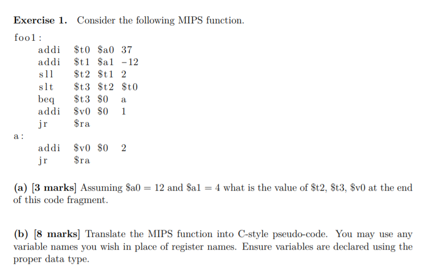 Solved Exercise 1. Consider the following MIPS function. | Chegg.com