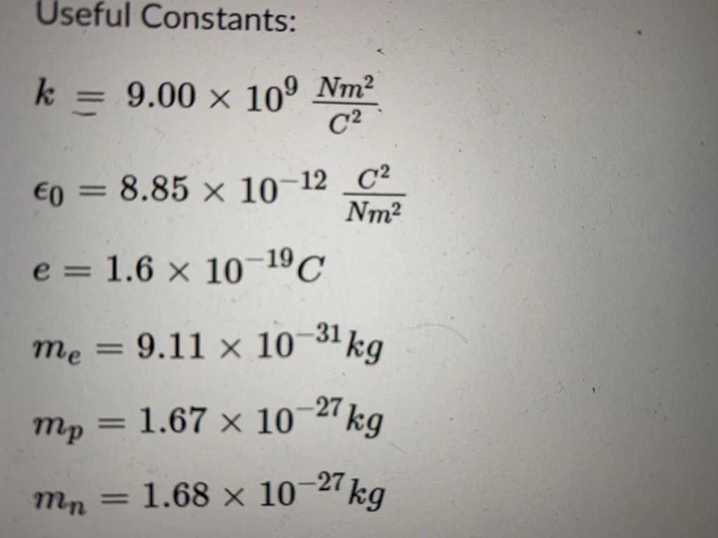 Solved Useful Constants: k = 9.00 x 109 Nm? C2 €0 = 8.85 x | Chegg.com