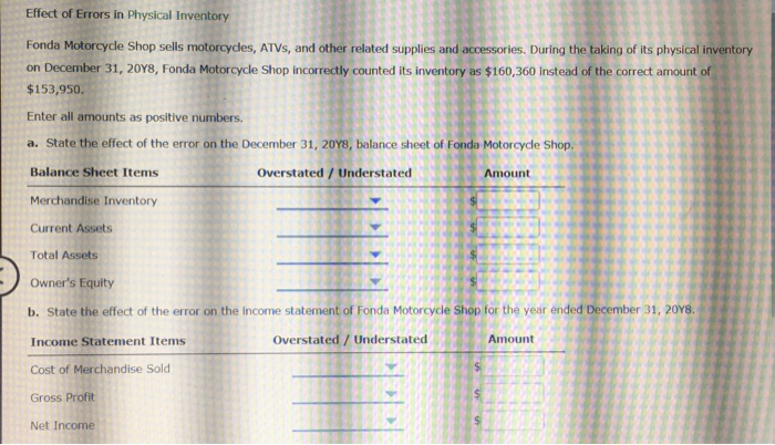 Solved Effect of Errors in Physical Inventory Fonda | Chegg.com