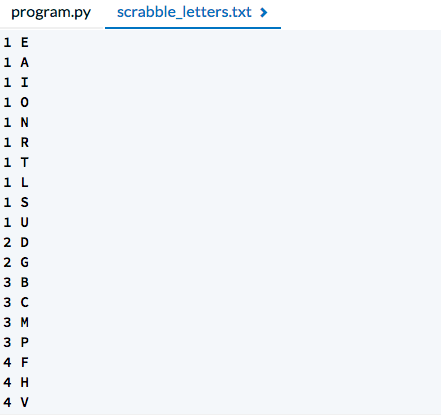 Solved program.py scrabble letters.txt 1 E 1 A 1 I 1 0 1 N | Chegg.com