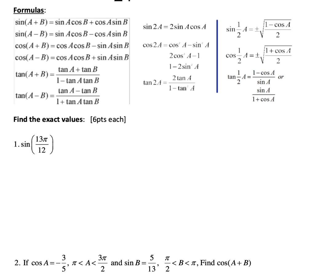 Solved sin 2 A = 2 sin Acos A 1 sin - A== 2 1-COS A 2 | Chegg.com