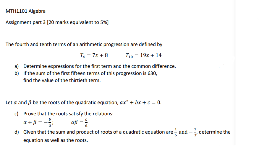 Solved Mth1101 Algebra Assignment Part 3 [ 20 Marks