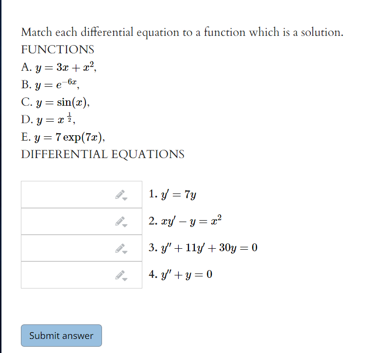 Solved Match each differential equation to a function which | Chegg.com