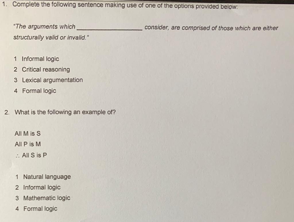 Solved 1. Complete the following sentence making use of one | Chegg.com
