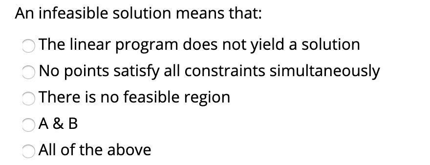Solved An infeasible solution means that: The linear program | Chegg.com