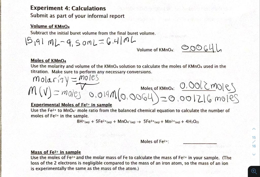 Solved Use The Fe2 To MnO4 Mole Ratio From The Balanced Chegg