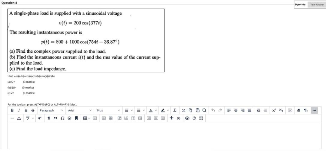 Solved Question 4 9 points 9 Save Answer A single-phase load | Chegg.com