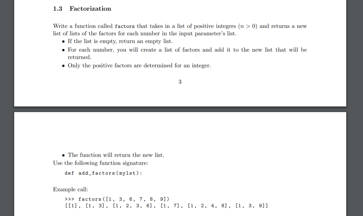 Solved 1.3 Factorization Write a function called factors | Chegg.com