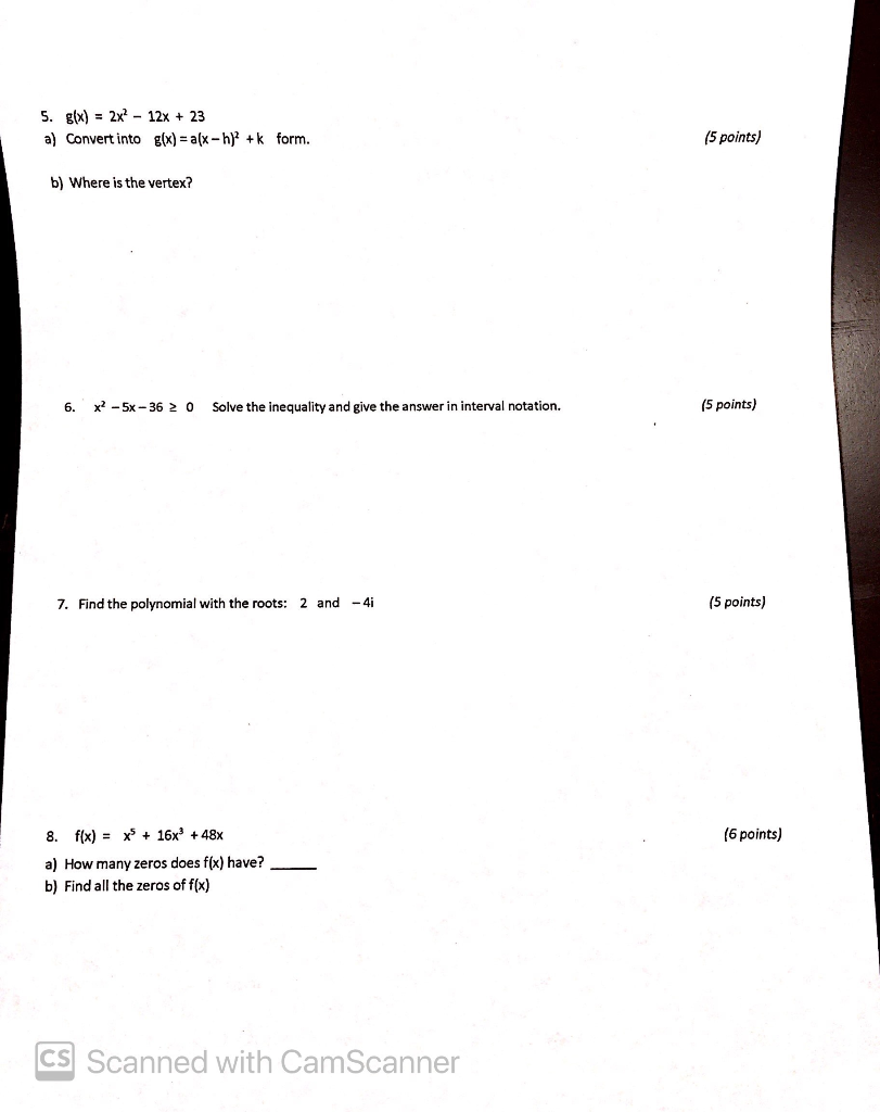 Solved 5. g(x) = 2x² - 12x + 23 a) Convert into g(x) = | Chegg.com