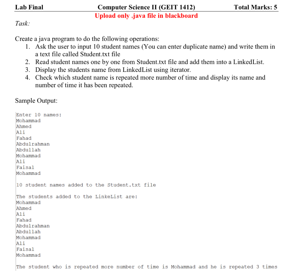 Solved Lab Final Total Marks: 5 Computer Science II (GEIT | Chegg.com