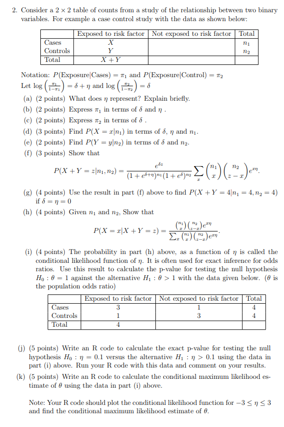 2. Consider a 2 x 2 table of counts from a study of | Chegg.com