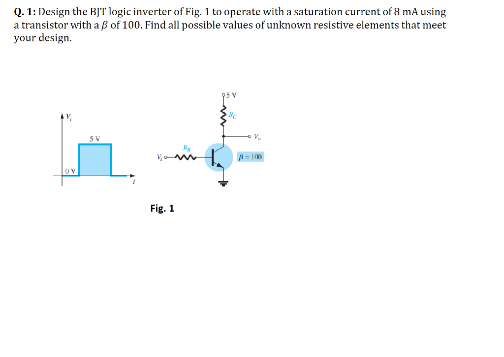 Solved Q. 1: Design the BJT logic inverter of Fig. 1 to | Chegg.com