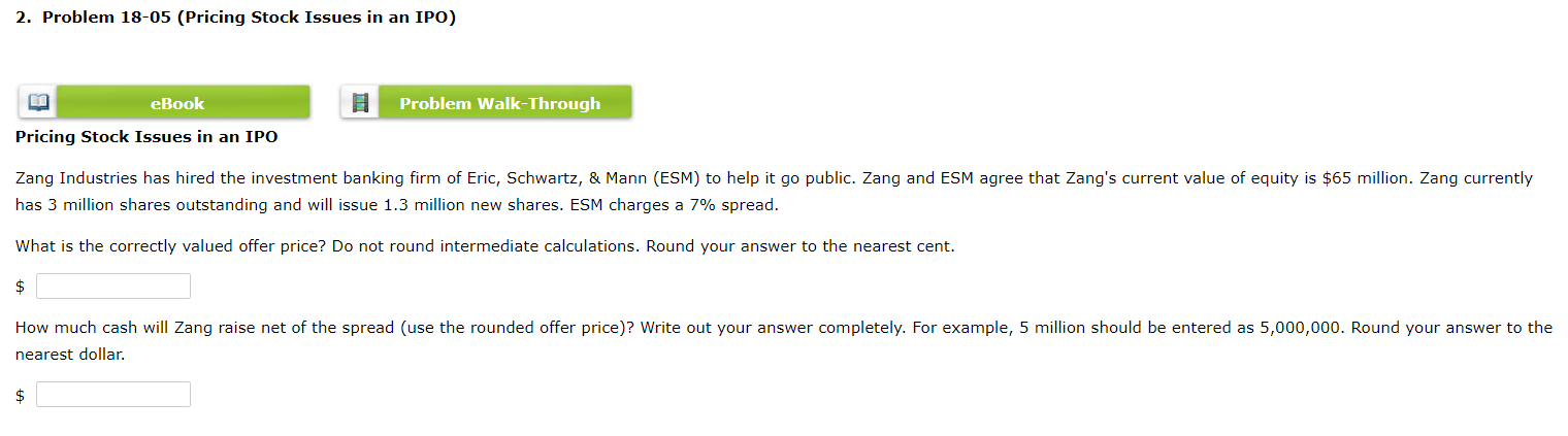 Solved 2. Problem 18-05 (Pricing Stock Issues in an IPO) EE | Chegg.com