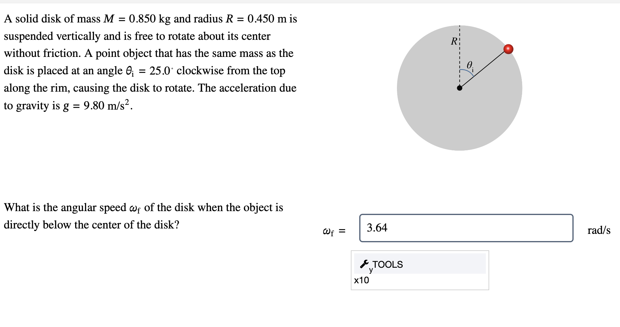 Solved A solid disk of mass M=0.850 kg and radius R=0.450 m | Chegg.com