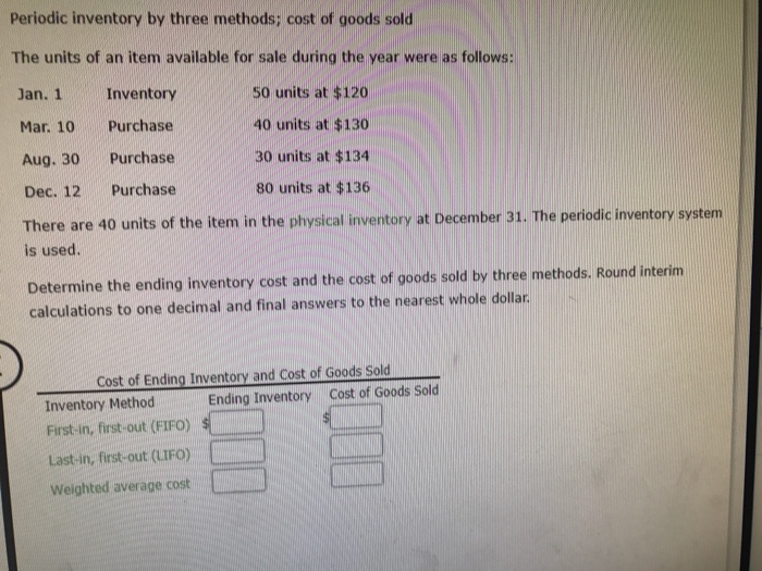 Solved Periodic inventory by three methods: cost of goods | Chegg.com
