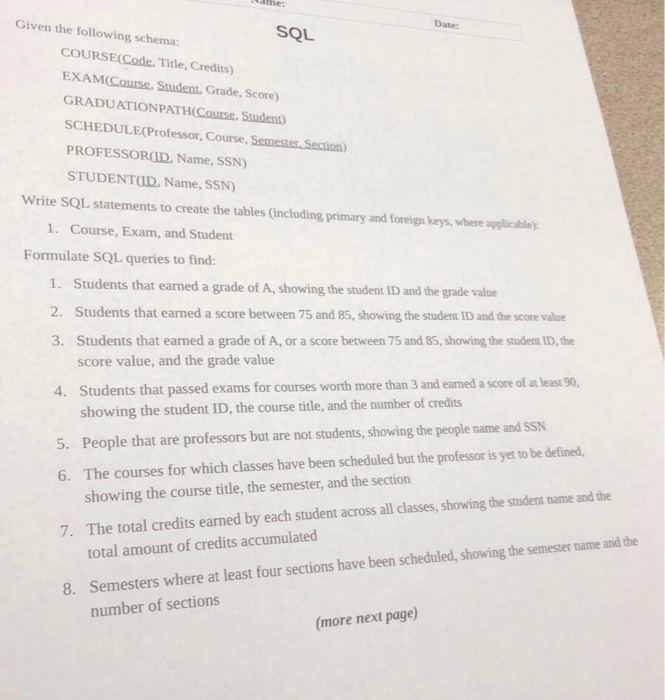 Solved Date SQL Given the following schema: COURSE(Code. | Chegg.com
