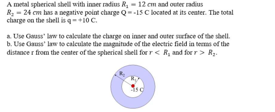 Solved A metal spherical shell with inner radius R2 = 12 cm | Chegg.com