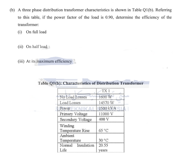 Solved (b) A three phase distribution transformer | Chegg.com