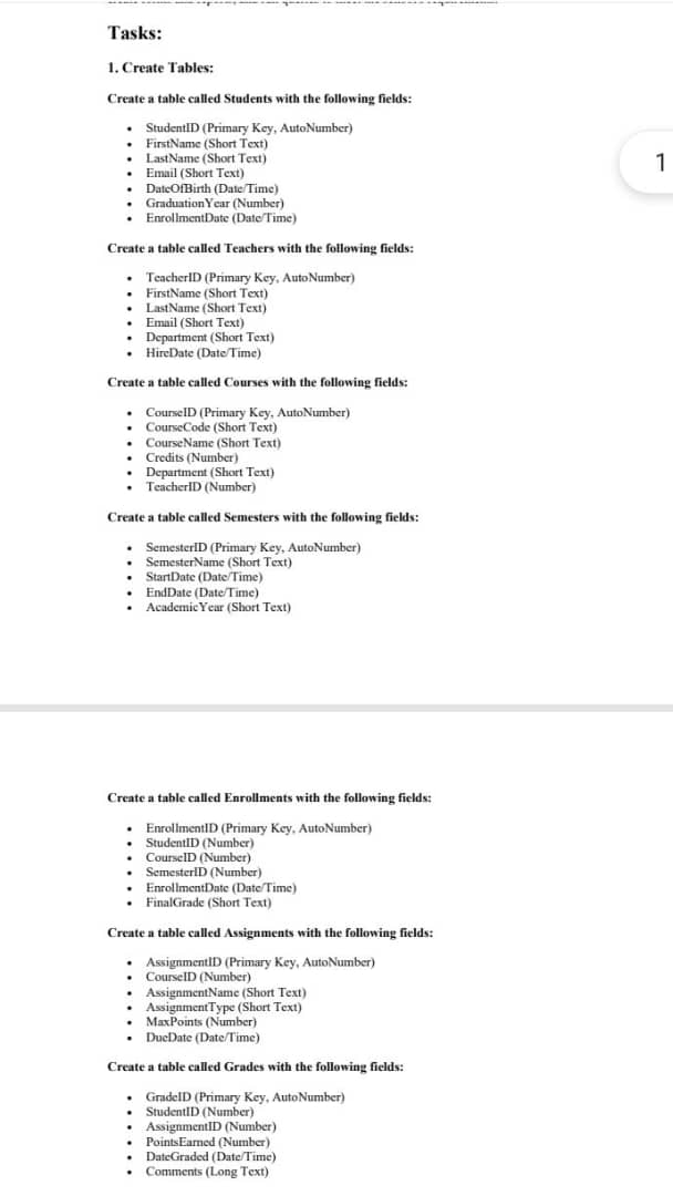 Tasks: Create Tables: Create a table called Students | Chegg.com