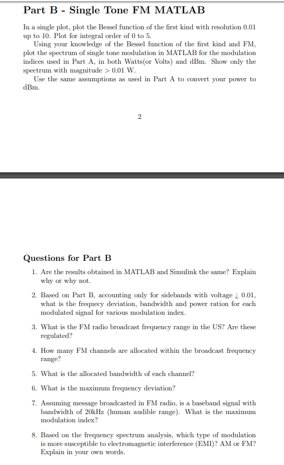 Part B - Single Tone FM MATLAB In a single plot, plot | Chegg.com