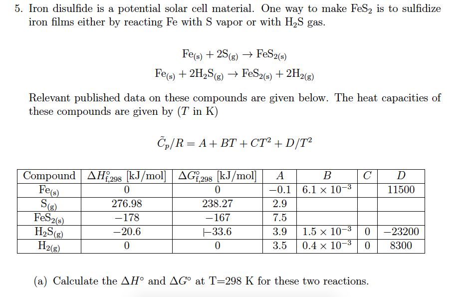 Solved 5. Iron disulfide is a potential solar cell material. | Chegg.com
