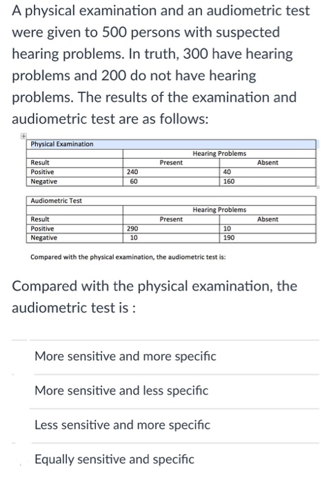 Solved A physical examination and an audiometric test were | Chegg.com