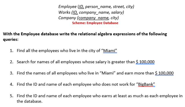 Solved Employee (ID, person_name, street, city) Works (ID, | Chegg.com