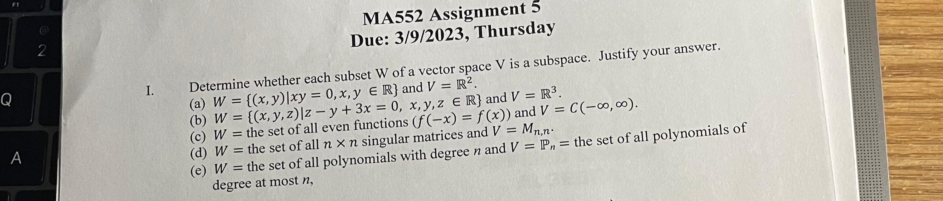Solved Determine whether each subset W of a vector space V | Chegg.com