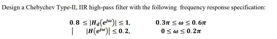 Solved Design a Chebychev Type-II, IIR high-pass filter with | Chegg.com