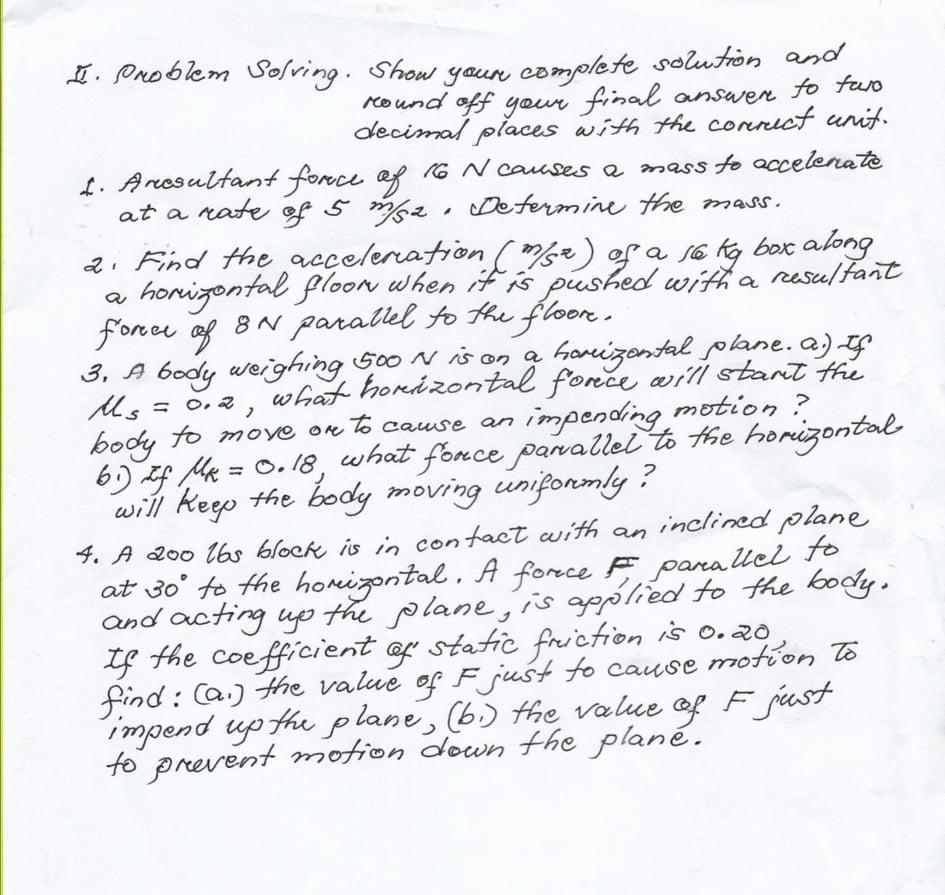 Solved . problem Solving. Show your complete solution and | Chegg.com