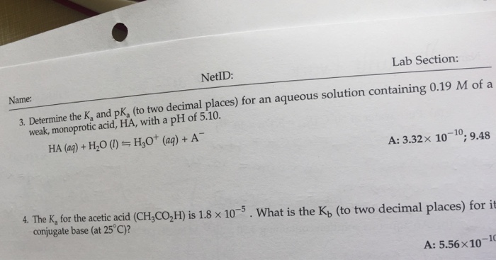 Solved NetID: Lab Section: Name: 3. Determine the K, and pK, | Chegg.com
