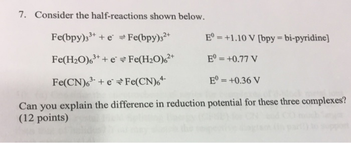 Solved 7. Consider the half-reactions shown below Fe(bpy)3 | Chegg.com