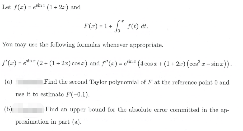 Solved Let f(x)=esinx(1+2x) and F(x)=1+∫0xf(t)dt You may use | Chegg.com
