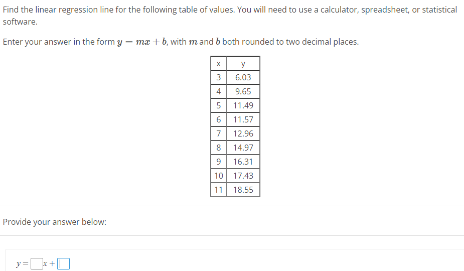 Solved Find the linear regression line for the following | Chegg.com