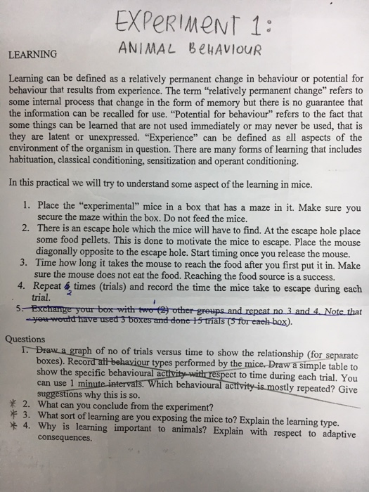 Solved EXPeRIMeNT 1: ANIMAL BeHAVIouR LEARNING Learning can | Chegg.com