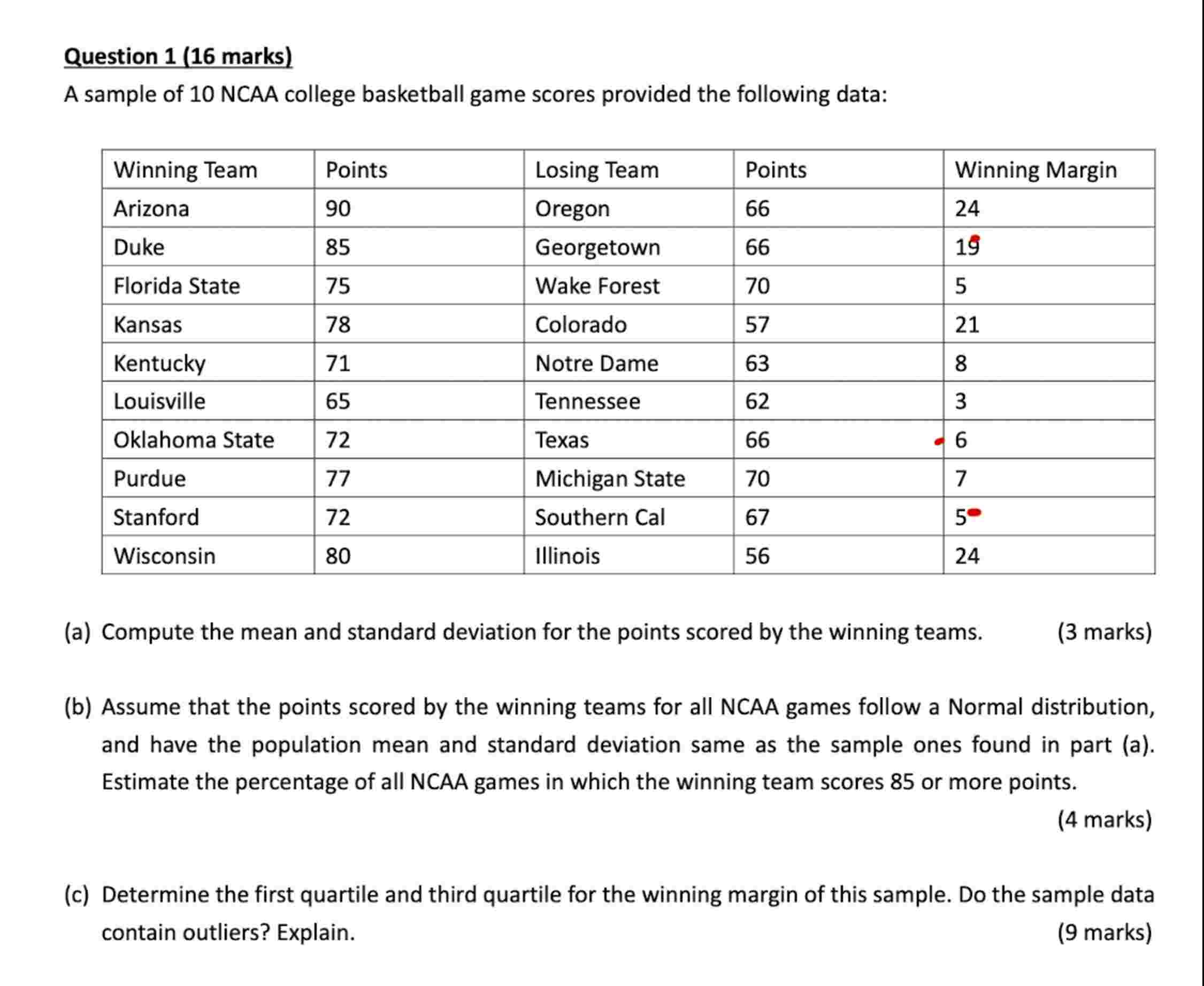 Solved Question 1 (16 ﻿marks) ﻿A sample of 10 ﻿NCAA college | Chegg.com