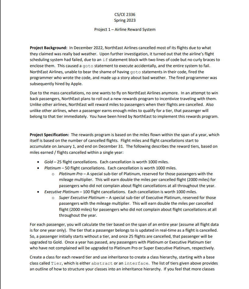 Solved CS/CE 2336 Spring 2023 Project 1 - Airline Reward | Chegg.com