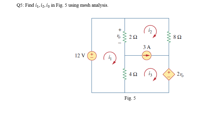 Solved Q5: Find i, i2, i3 in Fig. 5 using mesh analysis 8Ω | Chegg.com