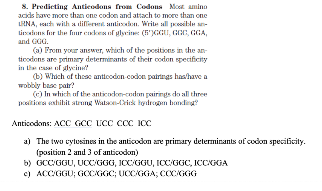 Solved The answers are given. Why are the anticodons 'ACC | Chegg.com