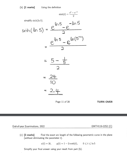 Solved (b) [1 marks] Using the definition sinh(t)=2et−e−t | Chegg.com