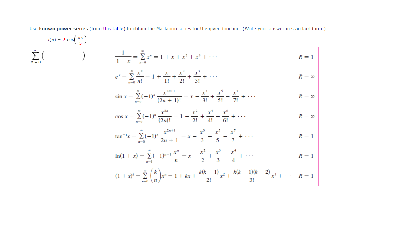 Solved Use known power series (from this table) to obtain | Chegg.com