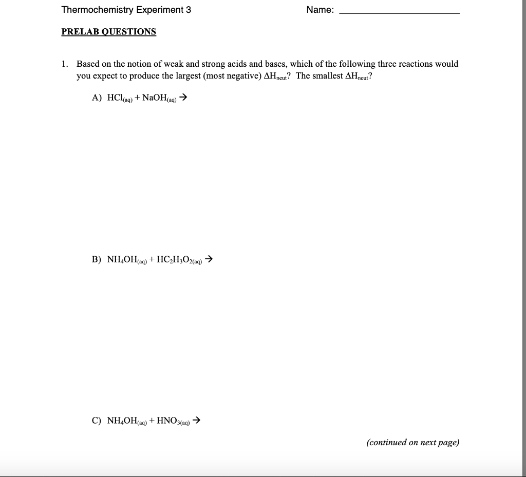 Solved Thermochemistry Experiment 3 Name: PRELAB QUESTIONS | Chegg.com