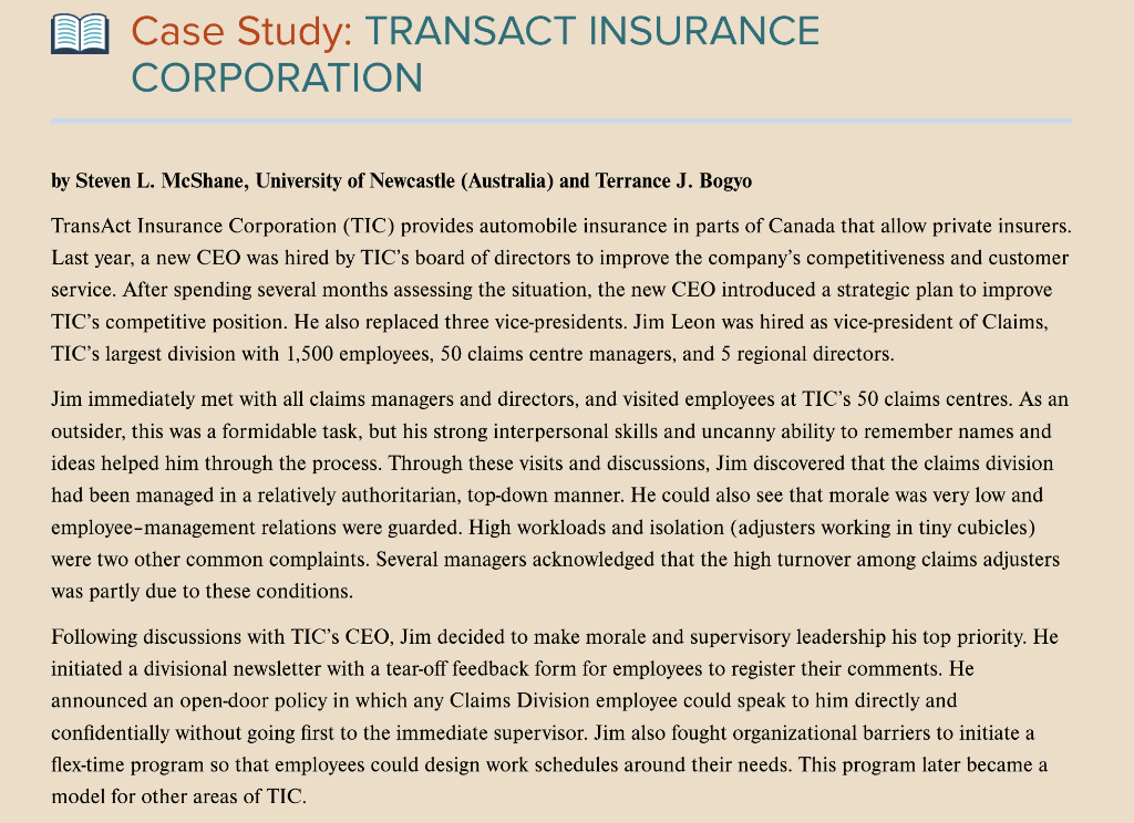 Solved Case Study: TRANSACT INSURANCE CORPORATION by Steven | Chegg.com