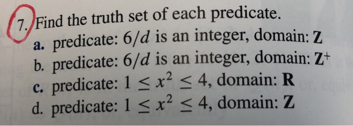 Solved 7./Find the truth set of each predicate. predicate: | Chegg.com