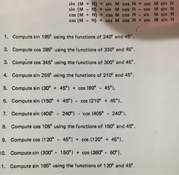 Solved sin (M N)sin M cos N +cos M sin N sin (M-N) sin M cos | Chegg.com
