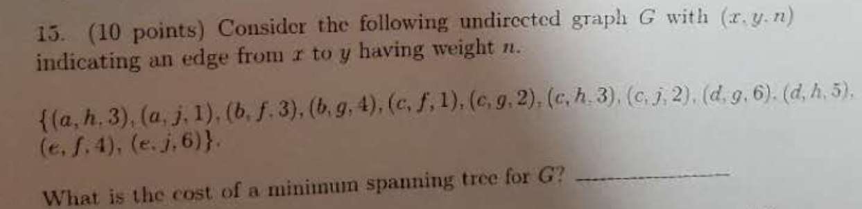 Solved Consider the following undirected graph G with (x, y, | Chegg.com